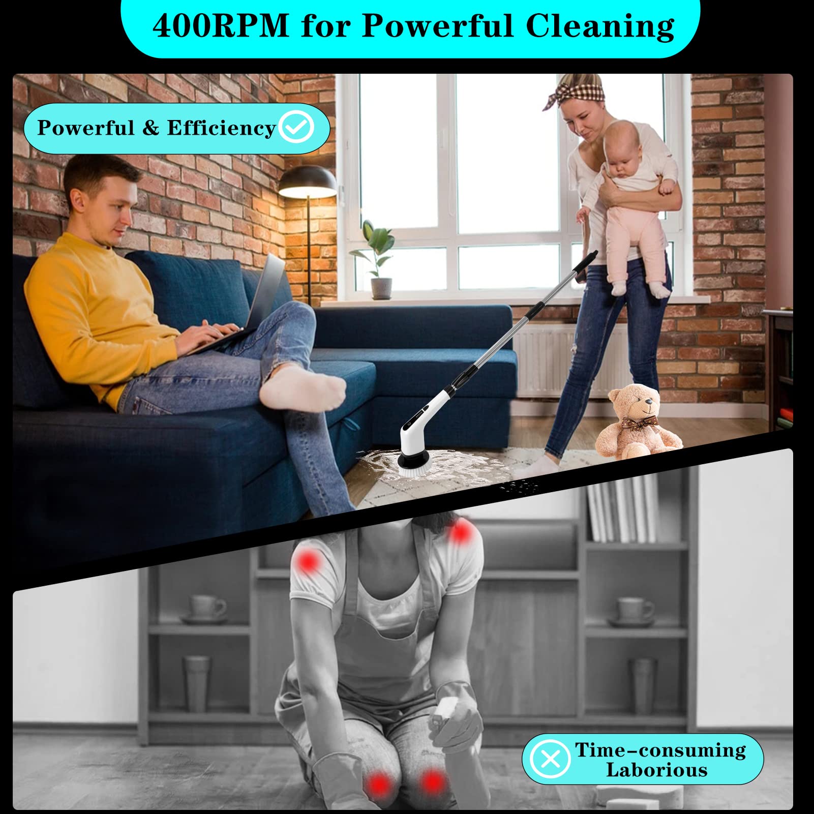 Electric Spin Scrubber, Cordless Shower Scrubber for Cleaning with 7 Multi-Purpose Cleaning Brush Heads, Bathroom Scrubber with Long Handle, Power Scrubber for Cleaning Wall, Floor, Bathroom, Kitchen