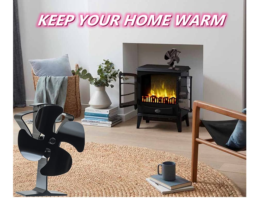 HEUNGBERANT Wood Burning Stove Fan Heat Powered Fireplace Fan for WoodLog BurnerFireplace, Black… (updated 4 blades)