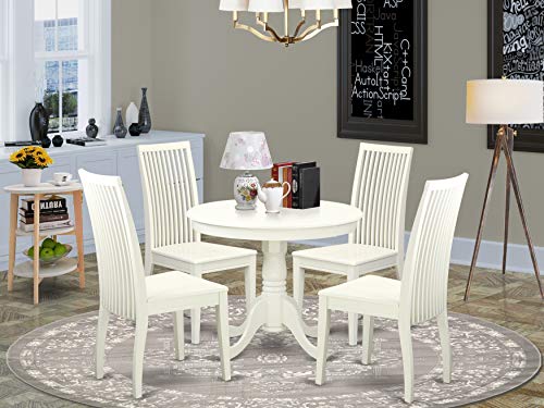 East West Furniture ANIP5-LWH-W 5 Piece Modern Set Includes a Round Kitchen Table with Pedestal and 4 Dining Room Chairs, 36x36 Inch, Linen White