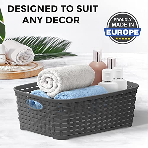 European Made Plastic Storage Bins, Heaviest Duty, Household Organizers for Bathrooms, Bedrooms, Kitchens, Laundry Room, Cabinets, Shelves, 4 Pk, Dark Grey