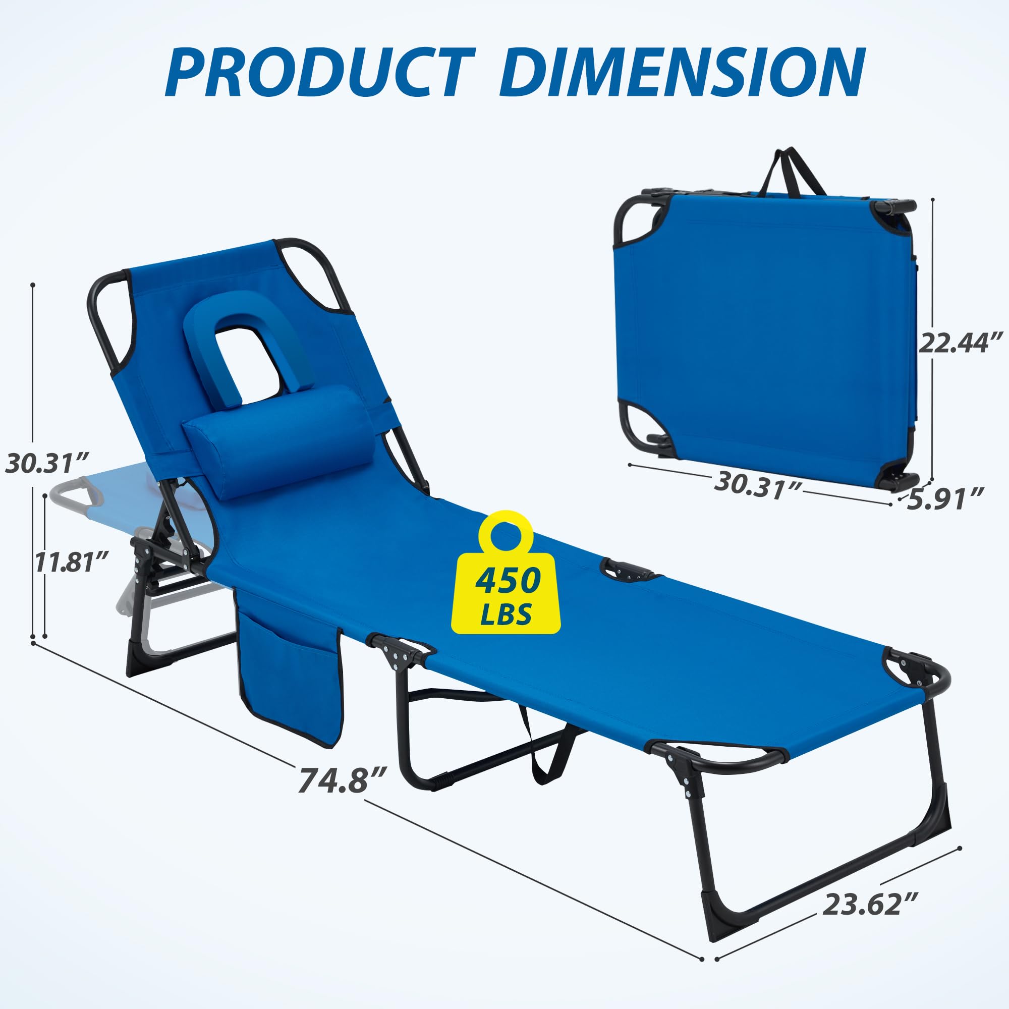 Candockway 5-Fold Lounge Chair, Outdoor Tanning Chair with Face Hole, Support 450lbs, Non-Slip Foot & Portable Handle, 2 Function Pockets Portable Chaise for Beach, Patio(1, Blue)