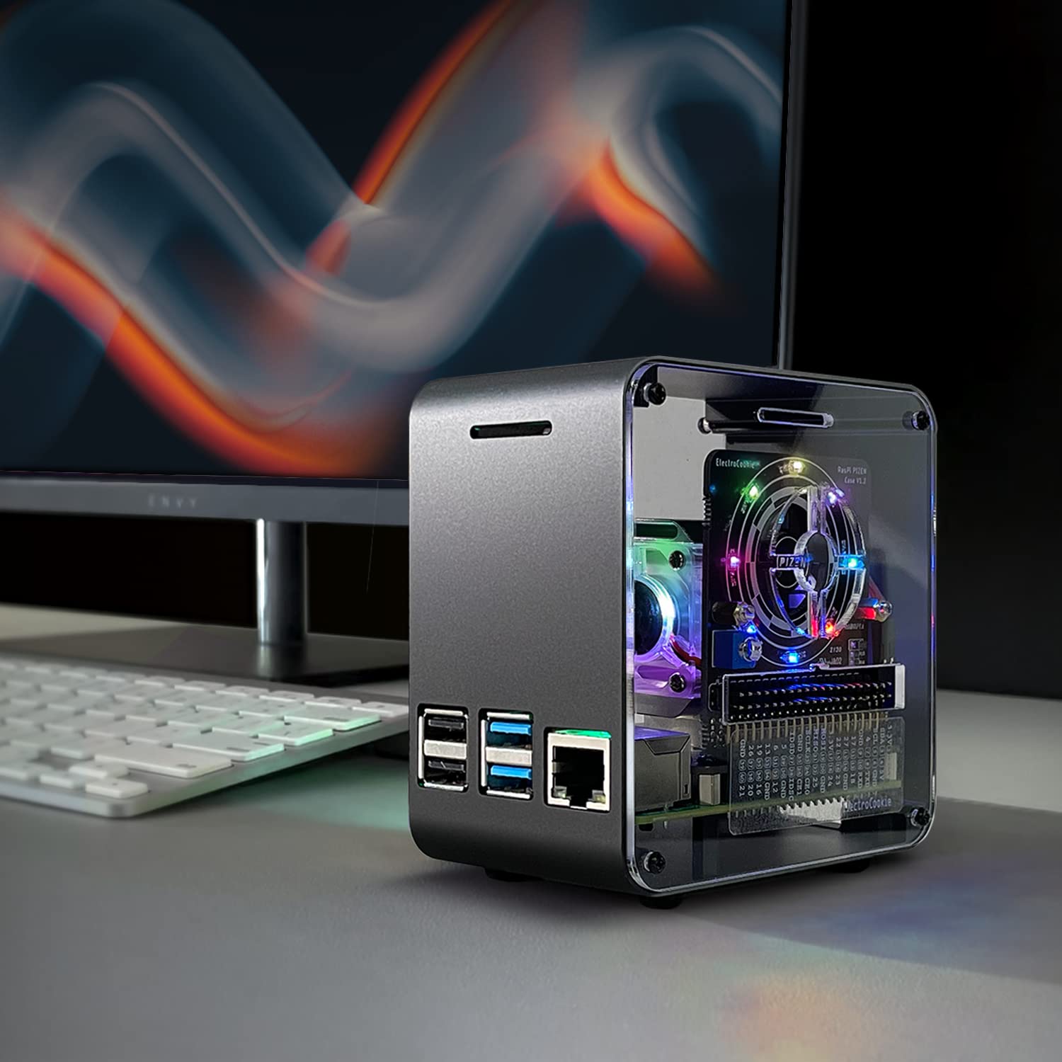 ElectroCookie Raspberry Pi 4 Case, Aluminum Mini Tower Case with Dual Power Cooler and Color Changing Ambient Light (Matte Black)