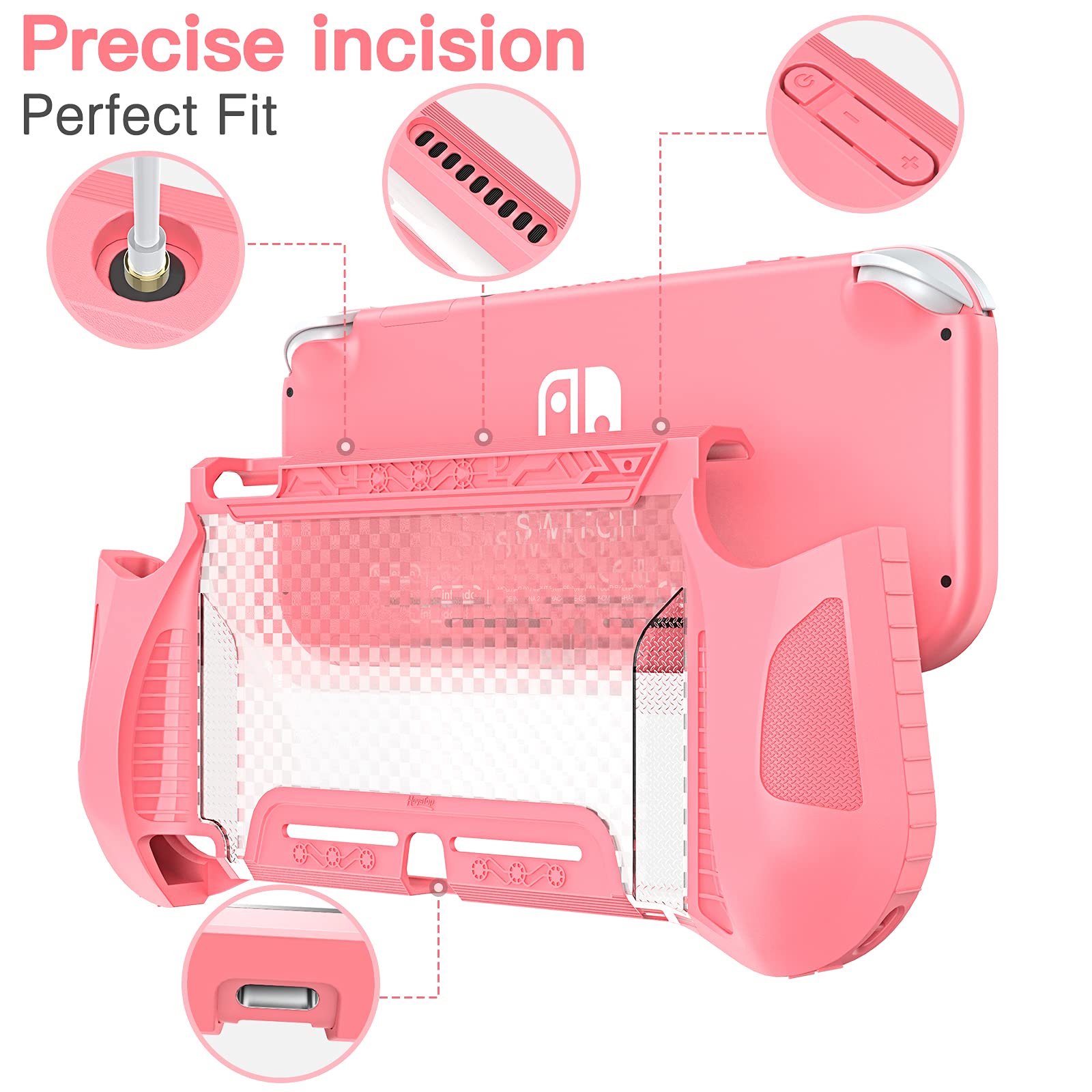 HEYSTOP Case Compatible with Nintendo Switch Lite, with Tempered Glass Screen Protector and 6 Thumb Grip, TPU Protective Cover for Switch Lite with Anti-Scratch/Anti-Dust (Pink)