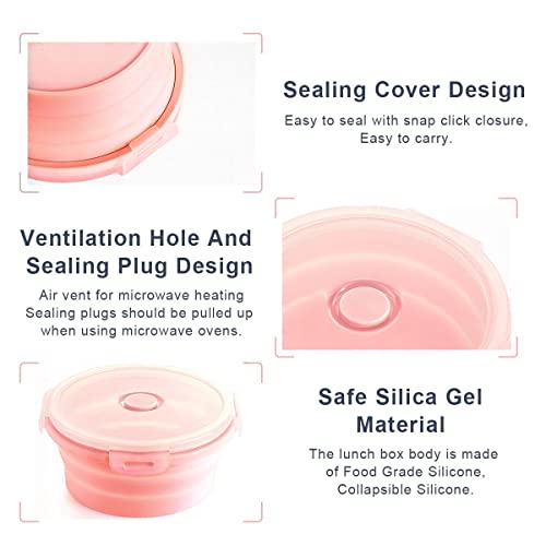 Collapsible Bowls Pink Kitchen Accessories Silicone Food Storage Meal Prep Containers with Lids Airtight Reusable for Camping Flat Box Stacks, BPA Free, Cute Freezer Microwavable Travel Food Container
