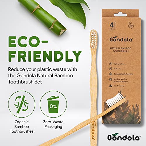 Gondola Adults Bamboo Toothbrushes- Eco Friendly Wooden Toothbrushes with Soft Bristles & Smooth Bamboo Handles - Biodegradable & Zero Waste Packaging-4 Pack