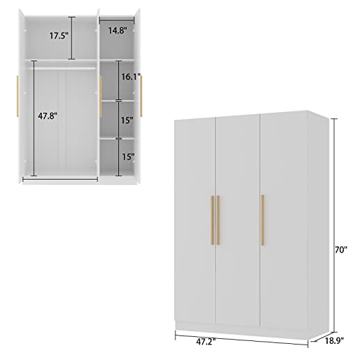FAMAPY 3 Doors Wardrobe with Shelevs, Armoire Wardrobe Closet with Hanging Rod, Wooden Handles, Armoire Closet for Bedroom White (47.2”W x 18.9”D x 70”H)