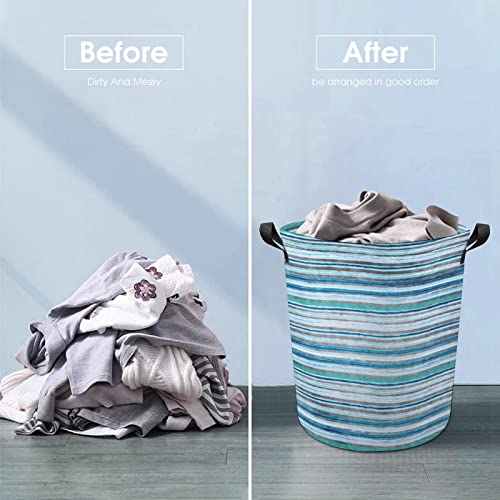 Collapsible Laundry Baskets Ocean Dye Wave Strips Waterproof Laundry Hamper with Handles Teal Blue Round for Dirty Clothes,Kids Toys,Bedroom,Bathroom