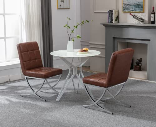 CIMOTA Modern Tufted Dining Chairs Set of 2 Upholstered Leather Dining Room Chairs Kitchen Chairs Comfy Armless Side Chairs with Chrome Metal X Legs for Dining Room/Living Room, PU Brown/2PCS