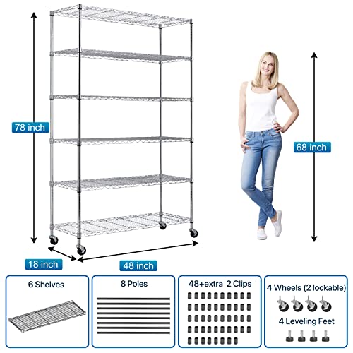Dkelincs 6 Tier Wire Shelving Unit with Wheels 48" X 18" X 76" Metal Storage Shelves Height Adjustable NSF Heavy Duty Commercial Grade Garage Shelf Rack for Kitchen Basement Restaurant,Chrome