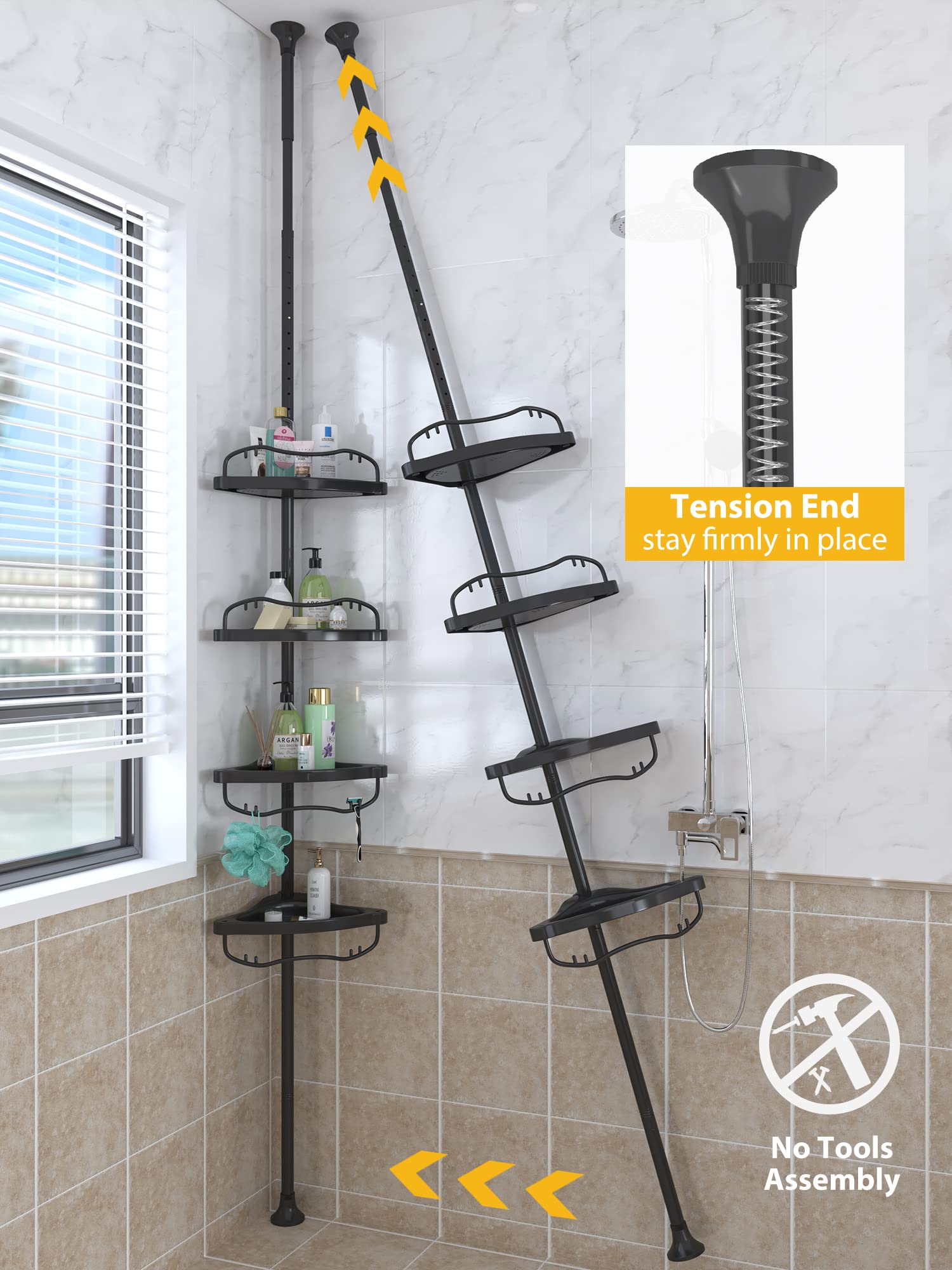 Corner Shower Caddy Organizer with Tension Pole, Adjustable Rustproof Shower Caddy with 4 Tier Shelf for Bathroom Bathtub Tub Shampoo Accessories - 38 to 116 inch Height, Black