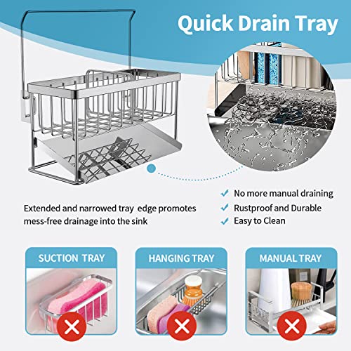 DMJWAN Kitchen Sink Caddy Organizer, 304 Stainless Steel Sponge Holder Sink Caddy for Dish Rags Brush Soap Scrubber with Auto Drain Tray