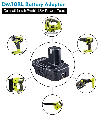 Garystat Battery Adapter DM18RL, Compatible for Dewalt 20V & Milwaukee M18 18V Lithium Battery Convert to for Ryobi 18V P108 ABP1801 Battery for Ryobi 18V Cordless Tools, with USB Port