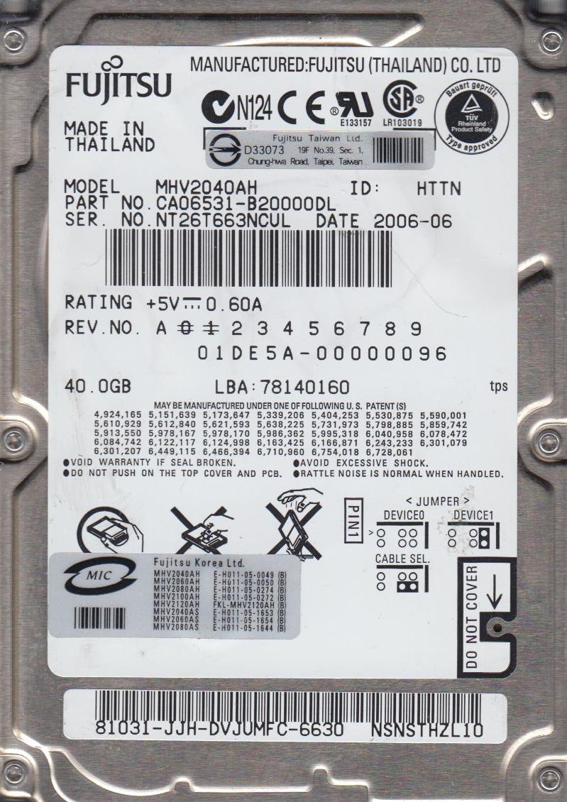 MHV2040AH, PN CA06531-B20000DL, Fujitsu 40GB IDE 2.5 Hard Drive
