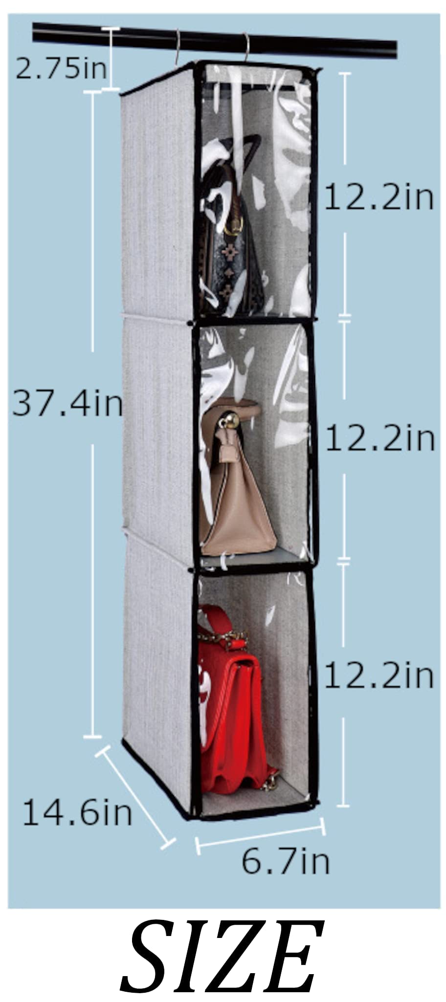 Japarismo Hanging Handbag Purse Closet Organizer Dust Shield Storage Systems Clothing Accessories Rack Dustproof Cover Shelves (Light Gray, 3 Shelves)