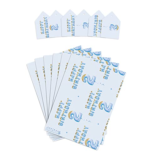 CENTRAL 23 Baby Boy Wrapping Paper - Age Two - 6 Sheets Blue Wrapping Paper - Happy 2nd Birthday Wrapping Paper - Comes With Stickers - Recyclable
