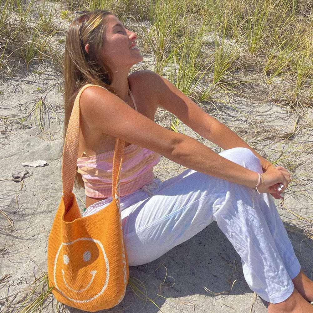 Fifth & Ninth Poppy Smiley Face Retro Knit Bag for Women (Orange)