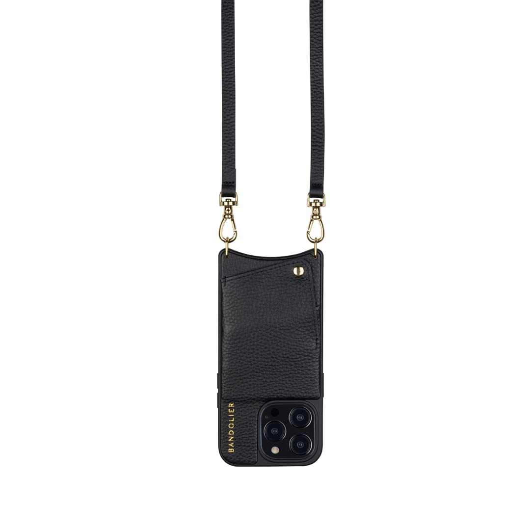 Bandolier Emma Crossbody Phone Case and Wallet - Compatible with iPhone 14 Pro Max Genuine Pebbled Black Leather with 2 Pockets and Removable Shoulder Strap