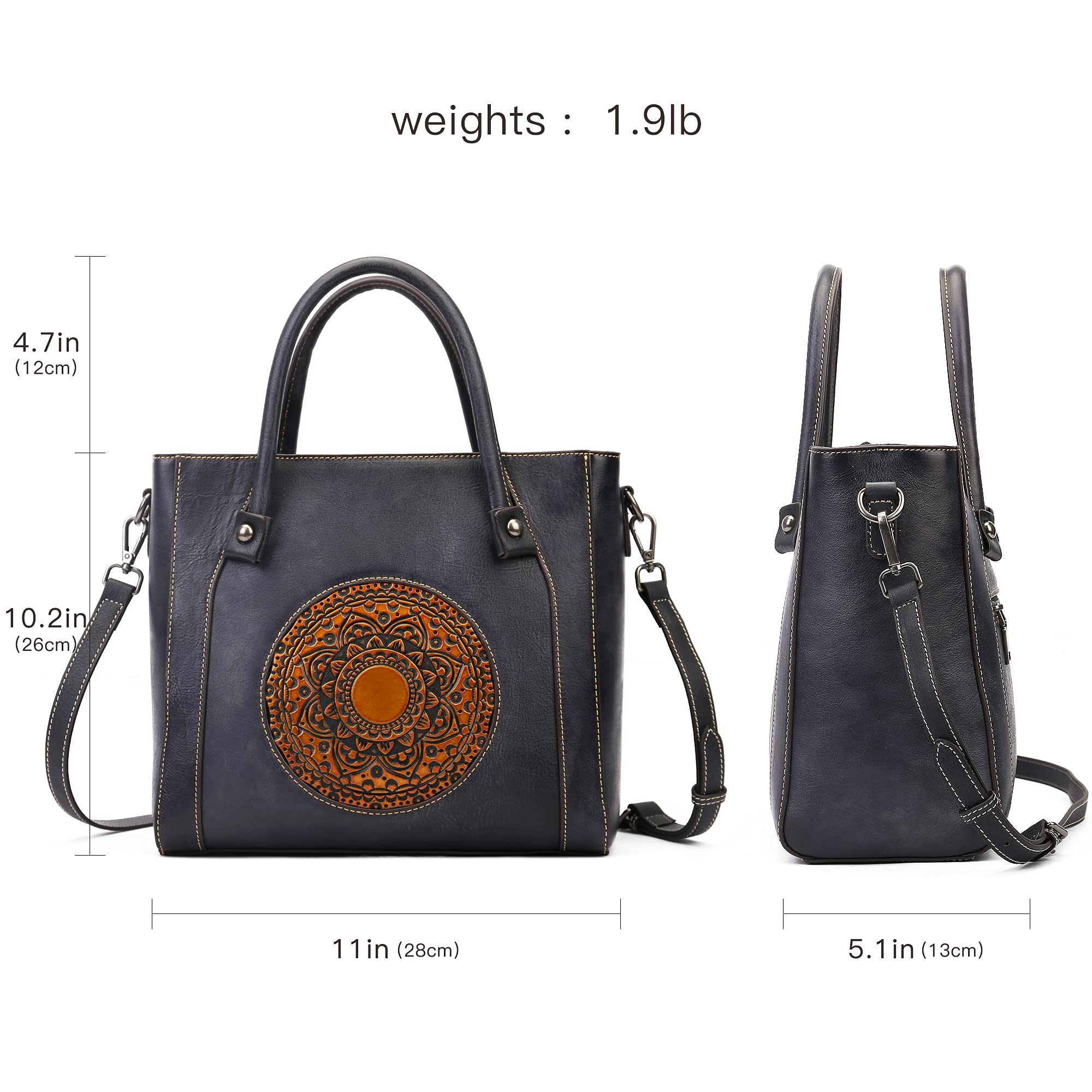 Genuine Leather Handbag for Women,Retro Embossing Mandala Design Purse Organizer Vintage Handmade Crossbody (3299 brown) 11 * 5.1 * 10.2 inches