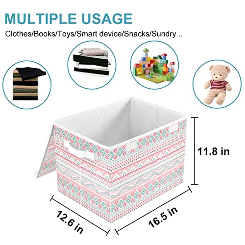 CaTaKu Ethnic Pink Blue Storage Bins with Lids and Handles, Fabric Large Storage Container Cube Basket with Lid Decorative Storage Boxes for Organizing Clothes