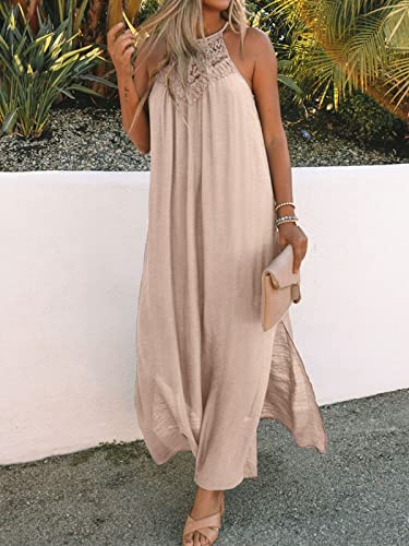 FARORO Womens Long Dress Sleeveless Boho Casual Dresses Lace Casual Halter Gown Split Loose Cover Up Halter Maxi Sundress Apricot