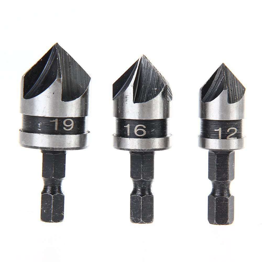 Yakamoz 3Pcs 1/4 Inch Hex Shank 5 Flute 90 Degree Chamfering Countersink Drill Bit Set | 12mm 16mm 19mm