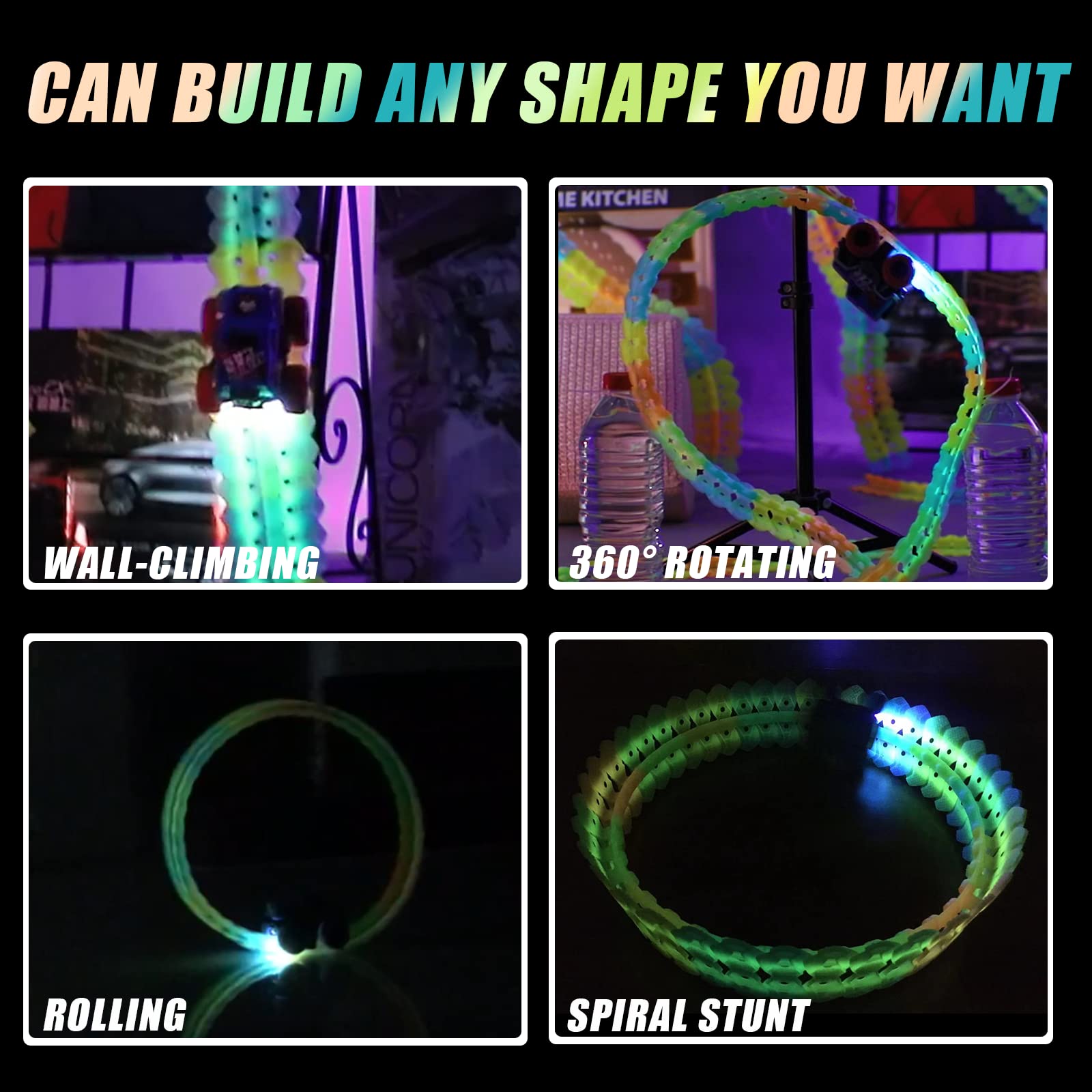 Race Track for Boys and Kids, 240PCS Flexible Changeable Magic Car Tracks Glow in The Dark, Toys for 3 4 5 6 Year Old Boys Girls with LED Light Up Race Car, Best Christmas Birthday Gifts