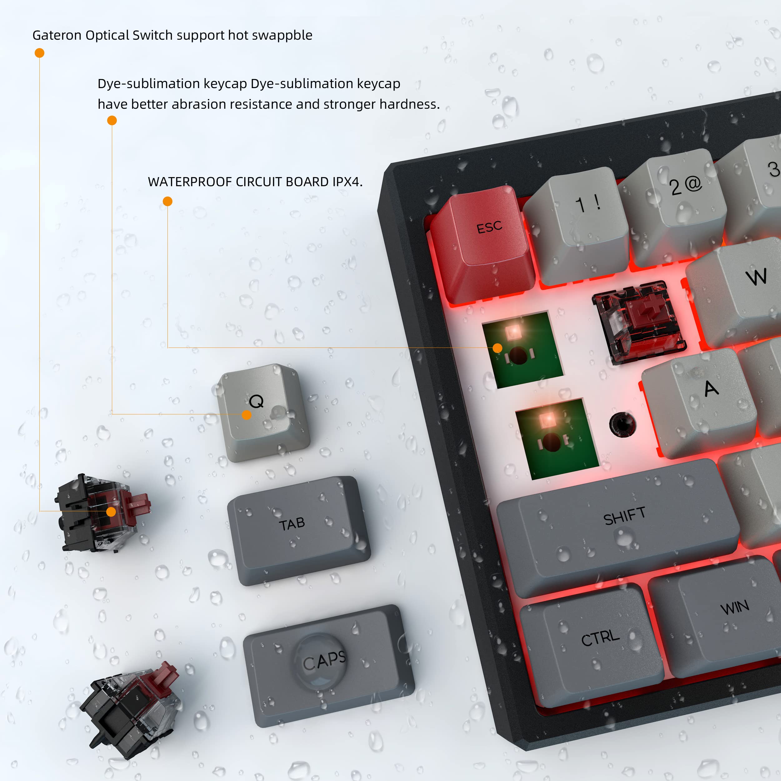 Ractous RTK61BP 60% Wireless Mechanical Gaming Keyboard,RGB Blacklit PBT Sublimation Keycaps 61keys Bluetooth5.1/Wried Gaming Keyboard for PC/Mac Gamers,Hot-Swap Gateron Optical Yellow Switch-Black