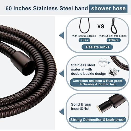 BRIGHT SHOWERS Handheld Shower Head Set High Pressure Hand Held Showerhead with 60 Inch Flexible Shower Hose and Adjustable Shower Arm Mount Bracket, 3 Spray Setting Shower Wand, Oil-Rubbed Bronze