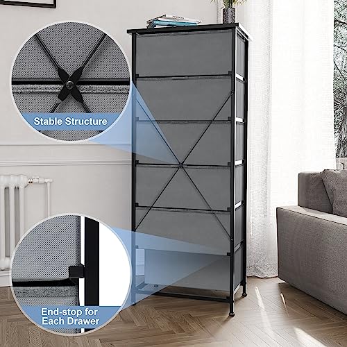 Crestlive Products Vertical Dresser Storage Tower - Sturdy Steel Frame, Wood Top, Easy Pull Fabric Bins, Wood Handles - Organizer Unit for Bedroom, Hallway, Entryway, Closets - 6 Drawers (Black&Gray)