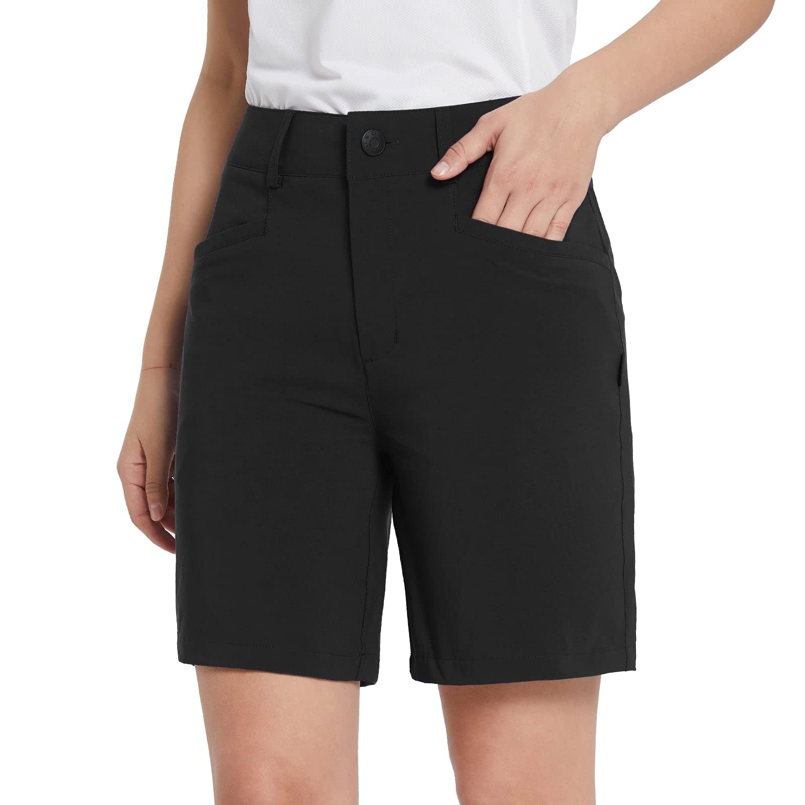 BALEAF Women's Golf Shorts Stretch 7" Hiking Summer Shorts Quick Dry Bermuda Shorts with Pockets Black L