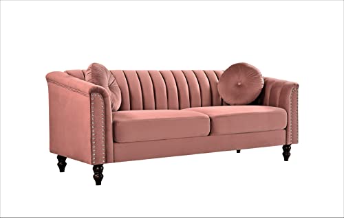 Container Direct 75'' Mid-Century Modern Velvet Sofa Chesterfield Inspired Luxury 3 Seater Couch for Living Room with Removable Cushions and Turned Wood Legs, Rose