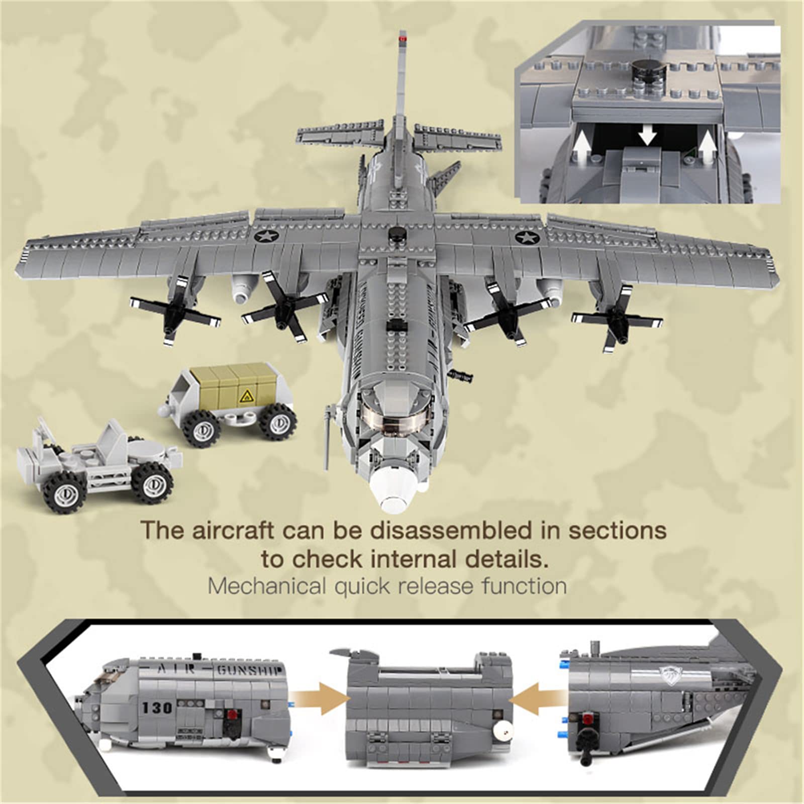 MEOA Military Army Building Sets for Boys 1713pcs The AC130 Aerial Gunboat Set Building Blocks Bricks WW2 Toys Classic Model Plane Kits Educational Learning Toys Boy Gifts