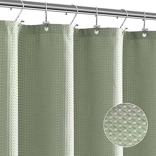 GERGELLA Sage Green Shower Curtain - Waffle Heavy Duty Fabric Shower Curtains for Bathroom, Showers, Hotel Spa Luxury Weighted Polyester Cloth Bath Curtain Set with 12 Hooks,72Wx72H,Green