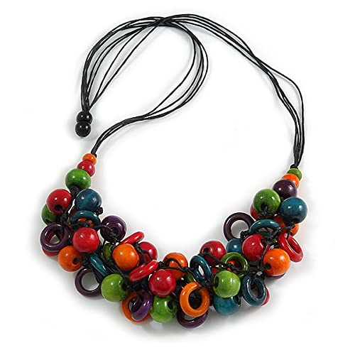 Avalaya Multicoloured Wooden Round Bead and Ring Cotton Cord Long Necklace - 80cm Max/Adjustable