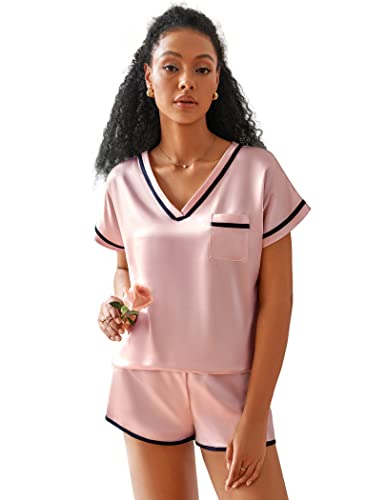 Ekouaer Ladies Silk Pajamas Set Satin V-Neck Pjs Soft Short Sleeve Nightwear with Shorts Pink