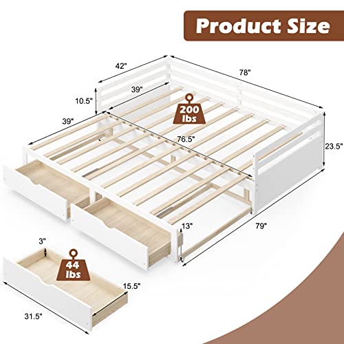 DORTALA Twin to King Daybed with Trundle and 2 Storage Drawers, Modern Extendable Daybed with Pull Out Bed Twin, Dual-use Sofa Bed for Bedroom, Guest Room, Living Room, No Box Spring Required, White
