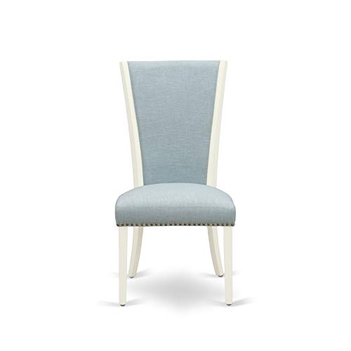 East West Furniture VAVE9-LWH-15 Vancouver 9 Piece Set Includes an Oval Dinner Table with Butterfly Leaf and 8 Baby Blue Fabric Parson Dining Chairs, 40x76 Inch, Linen White