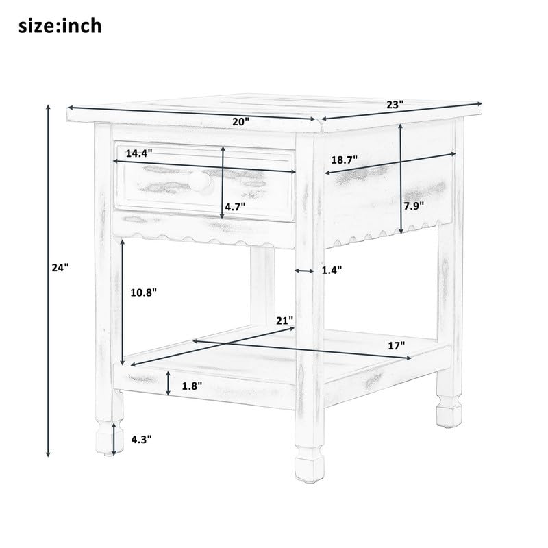 FDSPDO Classical Black&White End Table with Open Styled Shelf Large Storage Space,Side Table Drawer with Metal Handles for Living Room