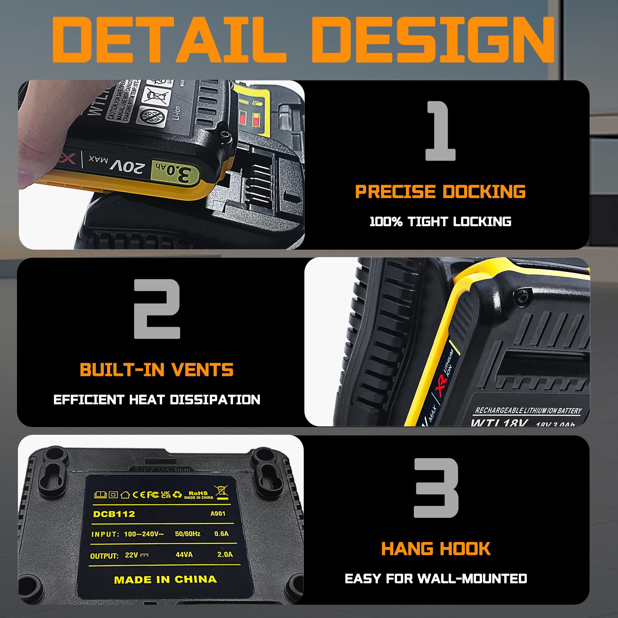 byczone Replacement Battery Charger DCB112 for Dewalt 20V Lithium-Ion Battery, Compatible with Dewalt 12V/20V Li-ion Battery DCB208 DCB206 DCB205 DCB204 DCB201 DCB200 DCB230 DCB240