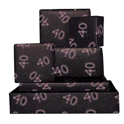 CENTRAL 23 Black Wrapping Paper for Women Men - 40th Birthday Wrapping Paper - 6 Sheets of Eco Gift Wrap and Tags - Sprinkles - Age 40 Forty - Husband Wife Birthday Gifts
