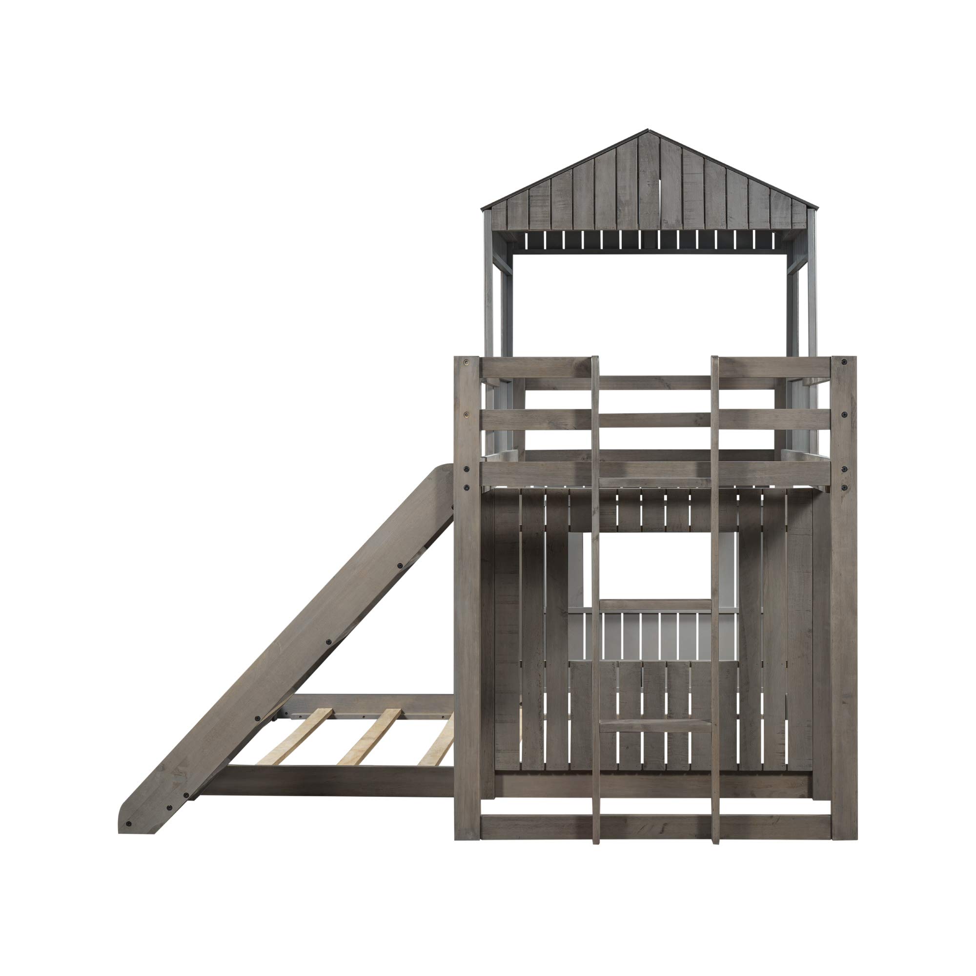 Harper & Bright Designs Twin Over Full Bunk Bed Frame, Solid Wood House Bunk Bed with Roof, Window, Guardrail and Ladder,Floor Bunk Beds Twin Over Full Size for Kids, Teens, Boys & Girls (White)