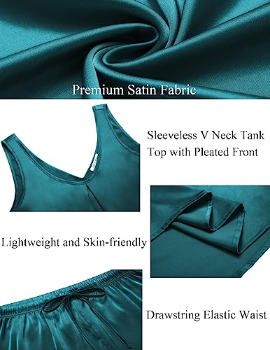 Ekouaer Satin Lounge Set Womens Two Piece Tank Top Pajamas Comfy Sleeveless Nightwear Loose-Fitting Silky Pjs Set (Blue Green,M)