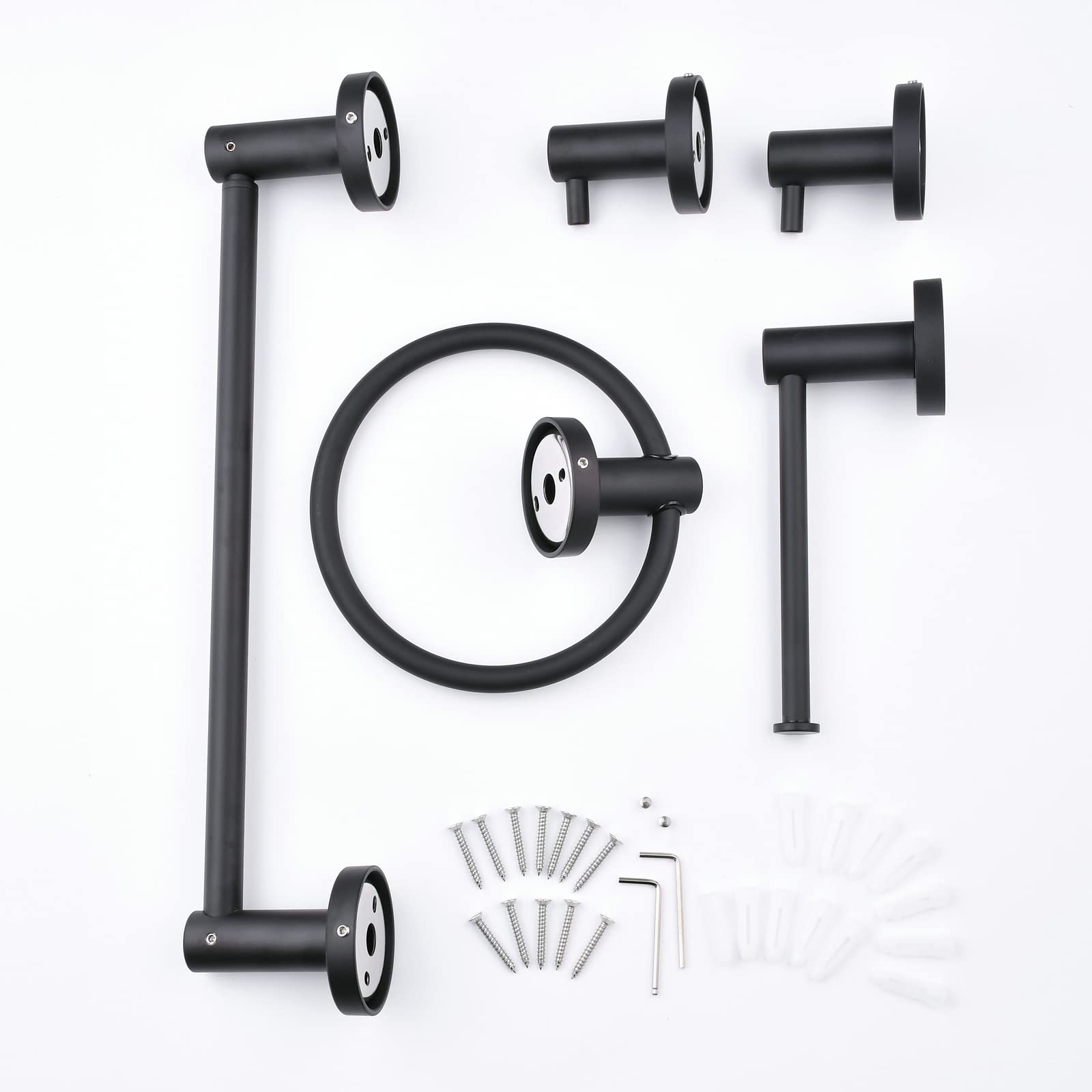 SHUNLI 5-Piece Bathroom Hardware Accessories Set Matte Black (Towel Bar Adjustable 16β to 26β, Toilet Paper Holder, Towel Ring, 2 PCS Towel Hook) Wall Mounted, SUS304 Stainless Steel