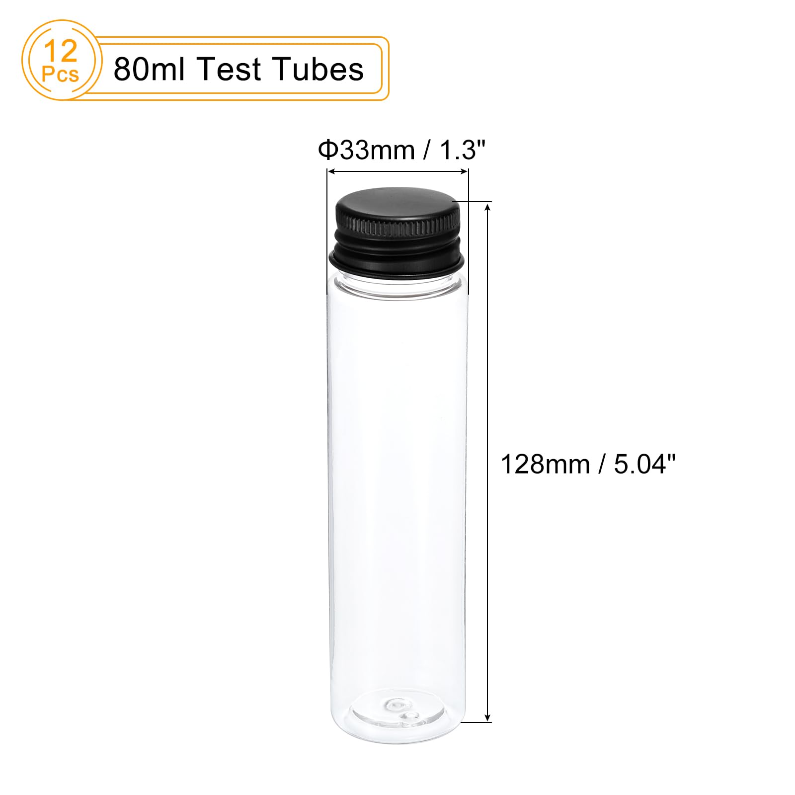 PATIKIL 80ml Plastic Test Tubes with Screw Caps, 12Pcs 128x33mm Tubes for Scientific Party Decoration Candy Bead Storage Bath Salt Lab Use, Black