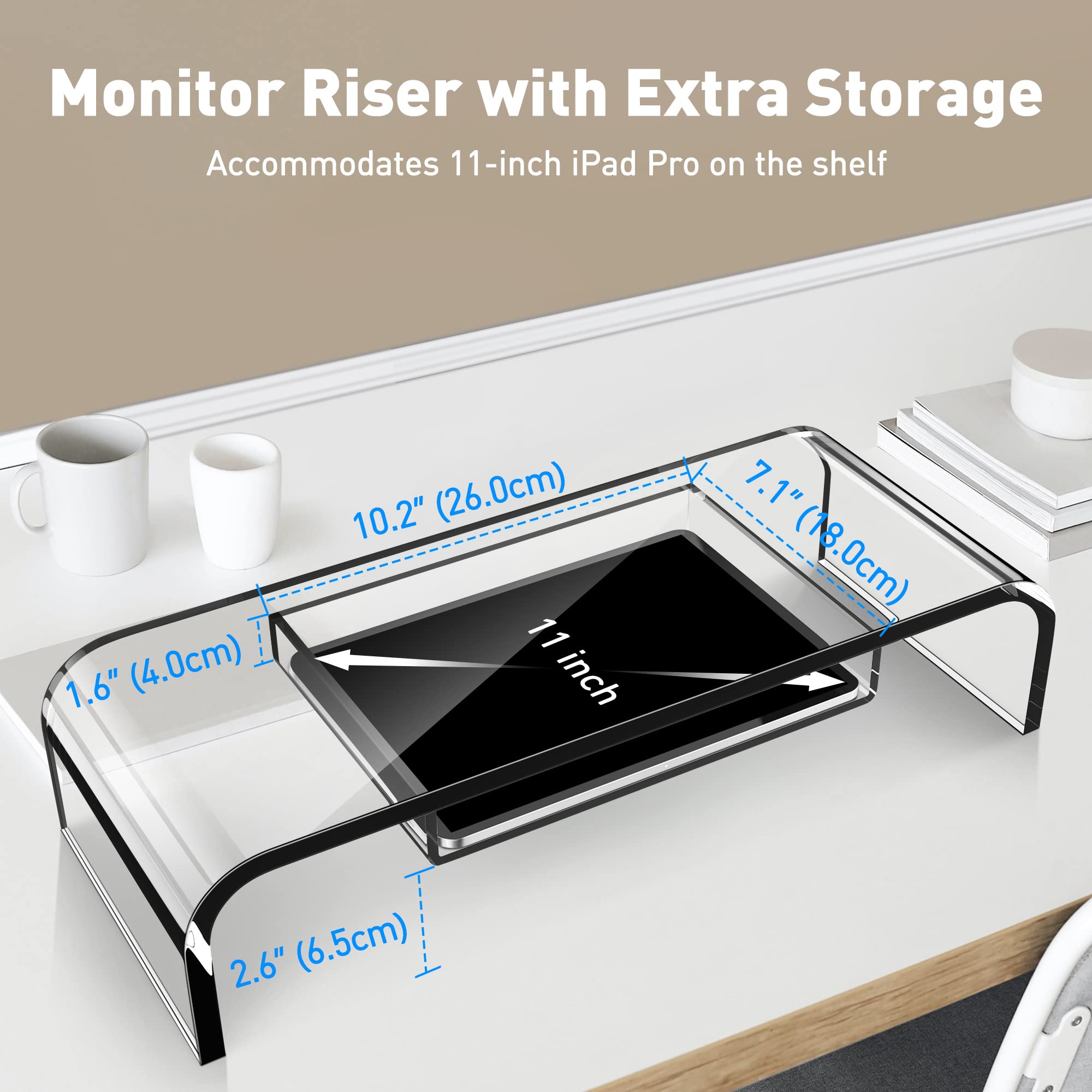 DeskLogics Computer Acrylic Monitor Stand Riser with Storage - Larger Size Single Clear PC Desktop Monitor Holder for Desk, Keyboard Storage, Laptop, TV Screen, Home, Office, Gift Ideas