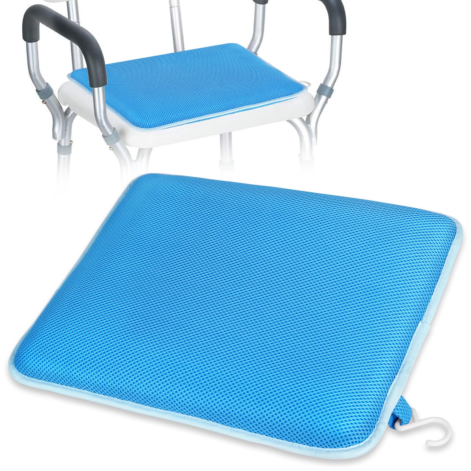 Shower Chair Cushion,3D Mesh Upholstered Transfer Stool Cushion,Foam Cushion with Hooks,Machine Washable Shower Stool Cushion for Elderly,Leg Injuries, Disabled (Cushion Only)
