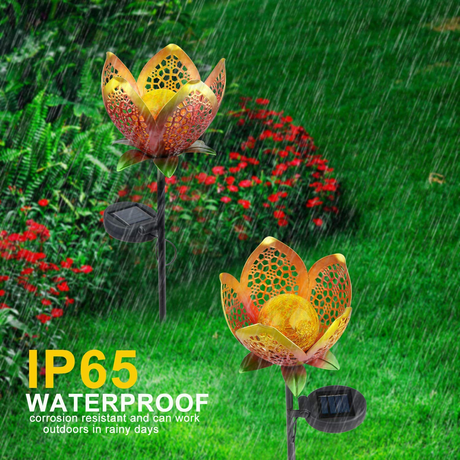 Firlar Garden Solar Lights Outdoors, 2pack Pathway Hollow Flower Stake Lights Waterproof Landscape Led Decorative Light for Patio, Walkways,Courtyard, Path,Yard, Lawn(Warm White)