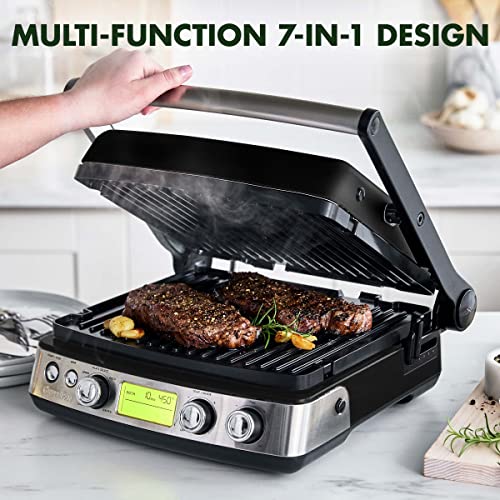 GreenPan Elite 7-in-1 Multi-Function Contact Grill & Griddle, Healthy Ceramic Nonstick Aluminum, Two Sets of Grill & Waffle Plates, Adjustable Shade & Shear, Closed Press/Open Flat Surface, Black