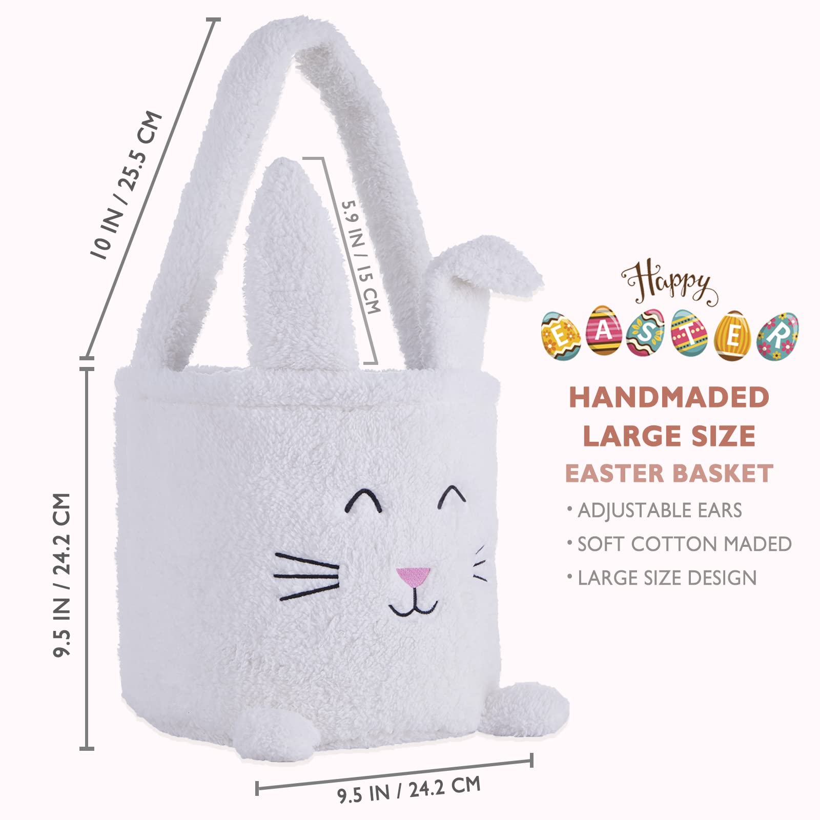 Easter Basket Fluffy Bunny, Easter Baskets for Kids, Easter Gifts for Girls & Boys, Large Easter Basket Storage, Light Weight Easy Carry, Foldable Bunny Ears, 9.5 x 9.5 Inches