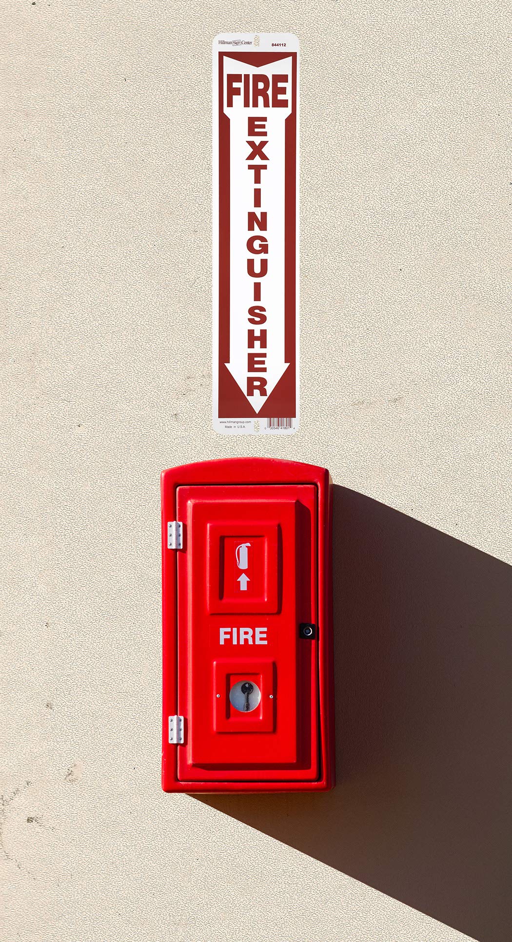 Hillman 844112 White and Red Aluminum Fire Extinguisher Sign with Arrow Symbol, 4" x 18"